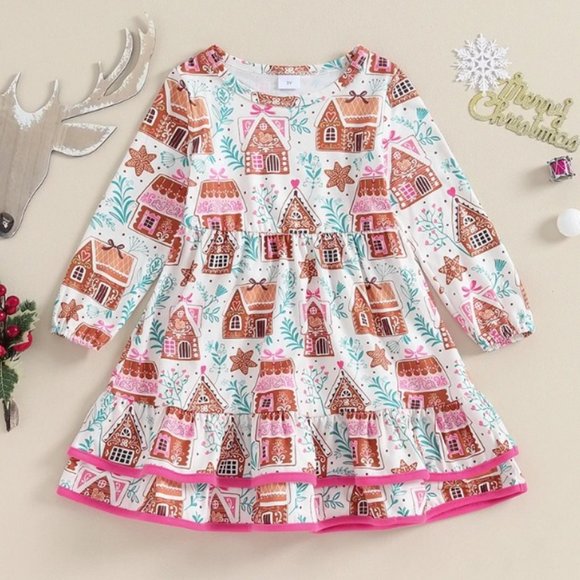 Dresses | Gingerbread House Christmas Girls Long Sleeve Ruffle Dress ...